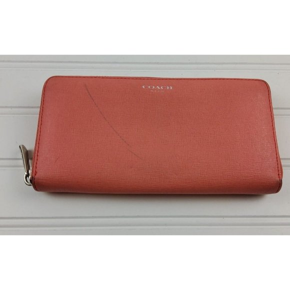Coach | Bags | Coach Textured Leather Zip Around Accordion Wallet Coral ...